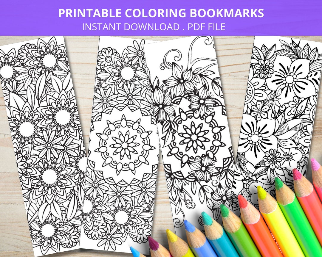 Flower Coloring Bookmarks, Printable Floral Mandala Colouring Page, Set ...