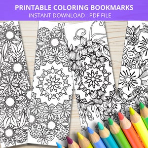Flower Coloring Bookmarks, Printable Floral Mandala Colouring Page, Set ...