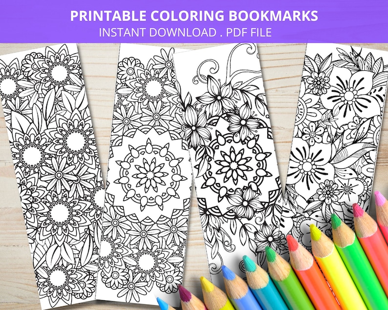 Flower Coloring Bookmarks, Printable Floral Mandala Colouring Page, Set ...