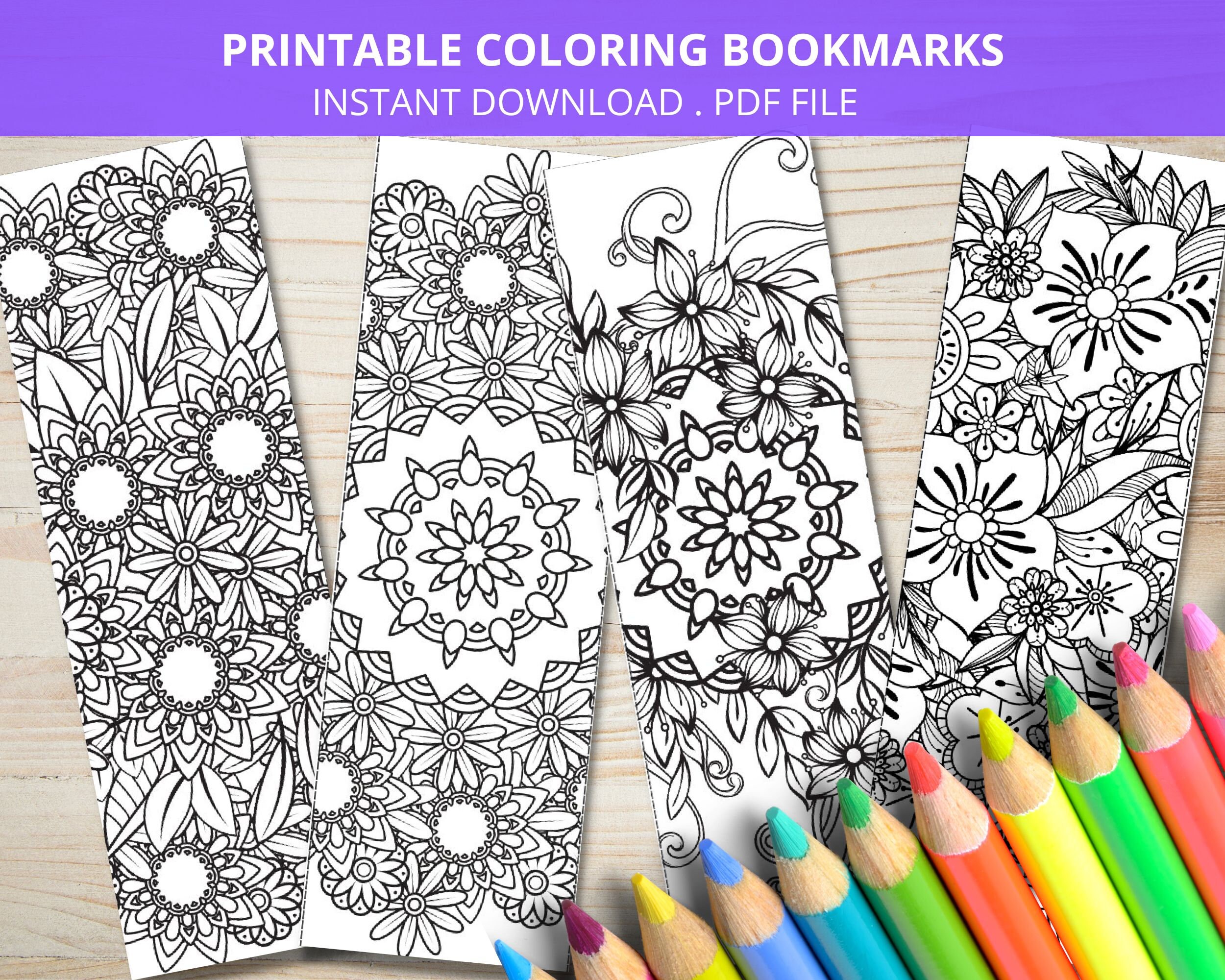 Flower Coloring Bookmarks, Printable Floral Mandala Colouring Page, Set ...
