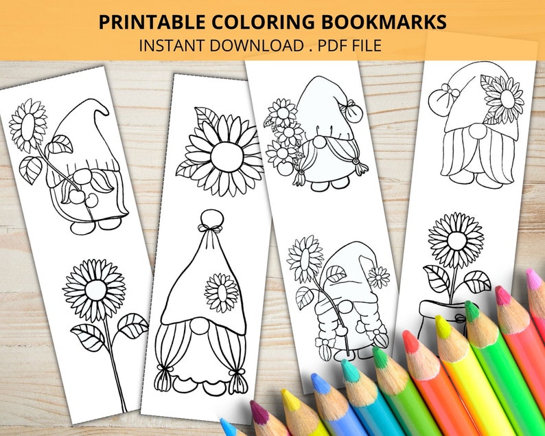 Printable Sunflower Gnome Coloring Bookmarks, Spring Gnome Coloring ...