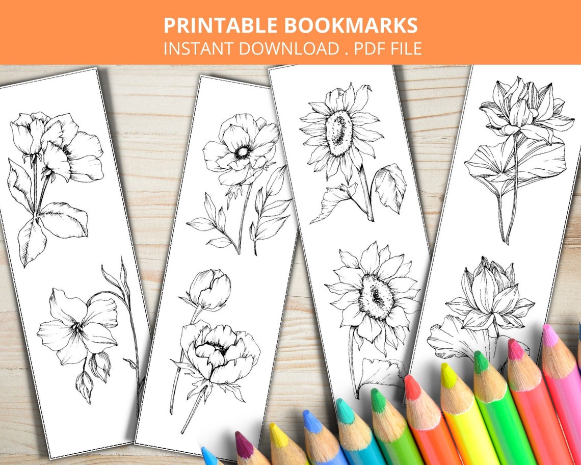 Floral Printable Bookmarks Flowers to Color Printable - Etsy