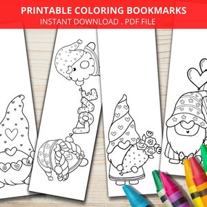 Printable Gnome Coloring Bookmarks, Gnomies to Color, Hearts, Love ...