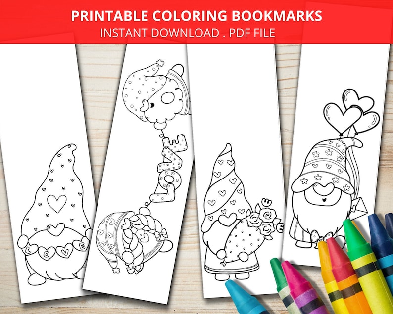 Printable Gnome Coloring Bookmarks, Gnomies to Color, Hearts, Love ...