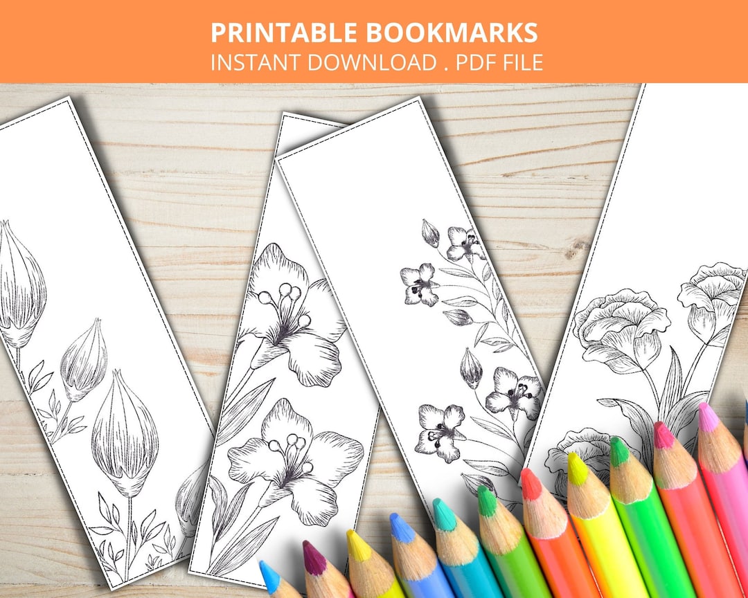 Flower Printable Coloring Bookmarks, Spring Summer Bookmarks, Floral ...