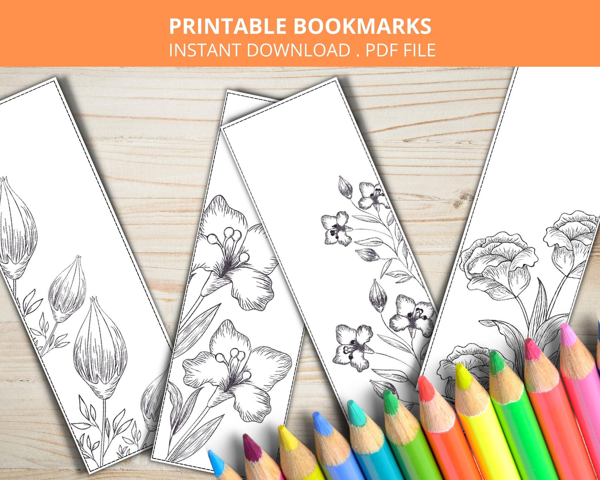 Flower Printable Coloring Bookmarks, Spring Summer Bookmarks, Floral ...