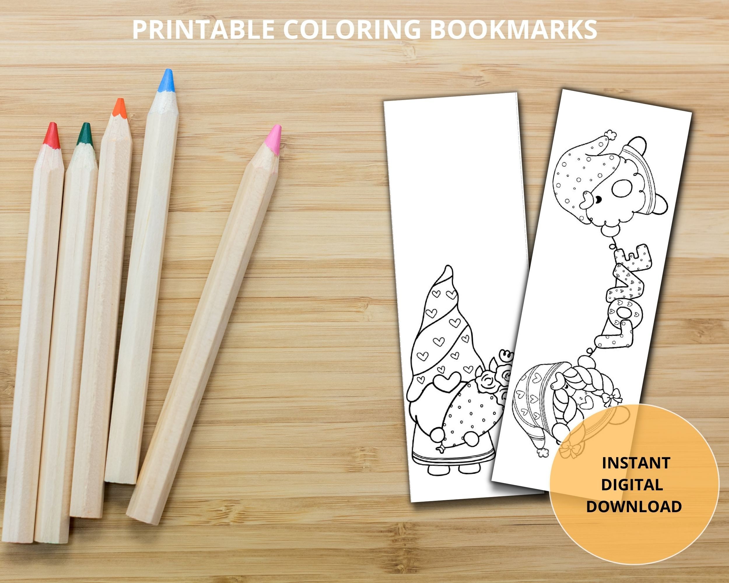 Printable Gnome Coloring Bookmarks, Gnomies to Color, Hearts, Love ...