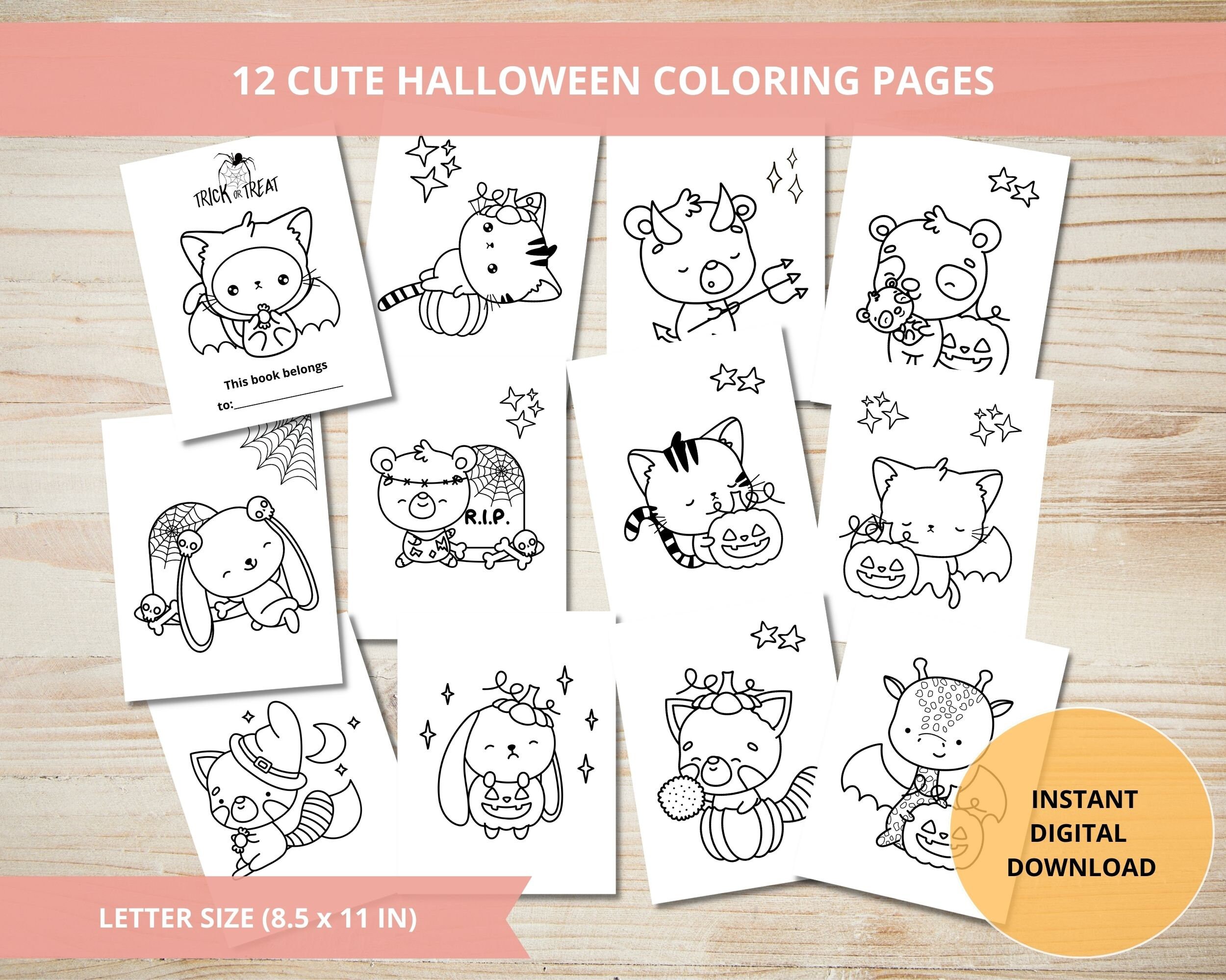 Cute Halloween Coloring Pages, Printable Cute Animals Coloring Book for ...