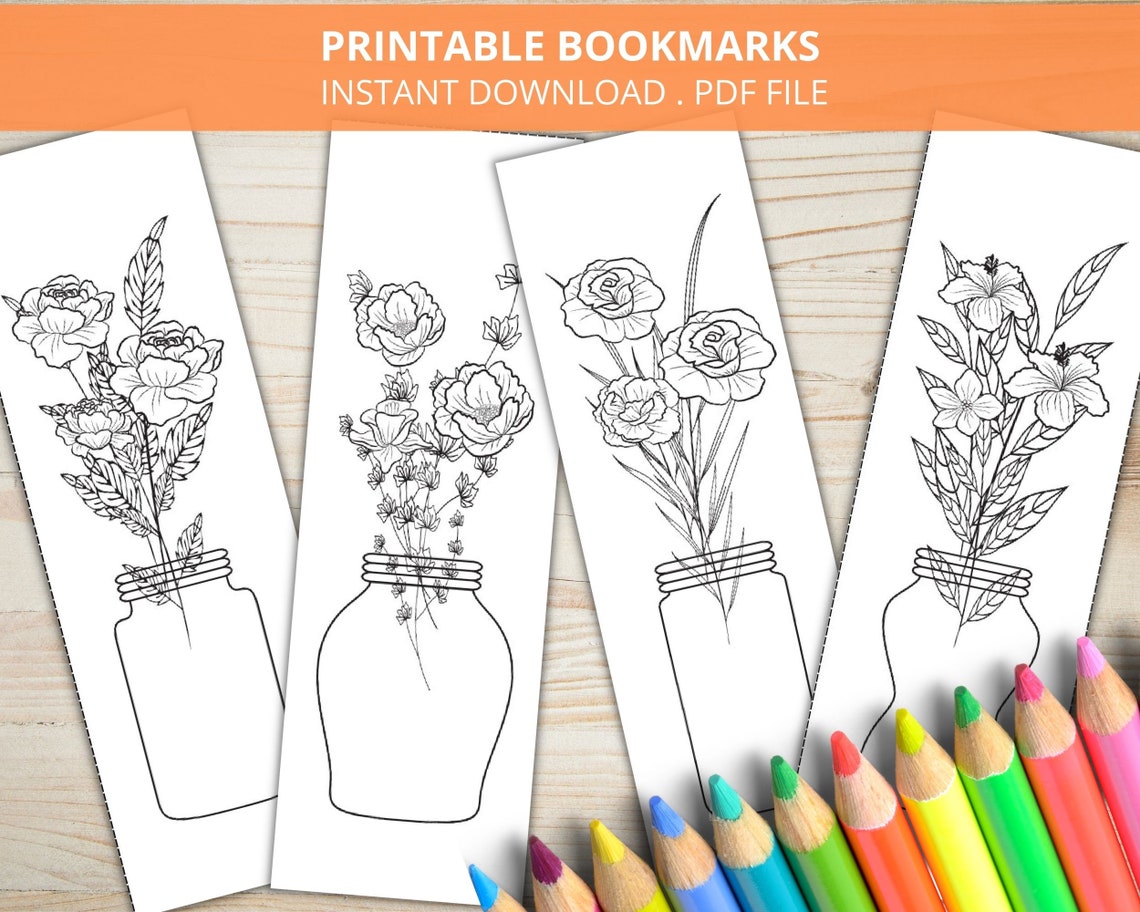 Flower Vase Coloring Bookmarks, Printable Bookmarks to Color, Floral ...
