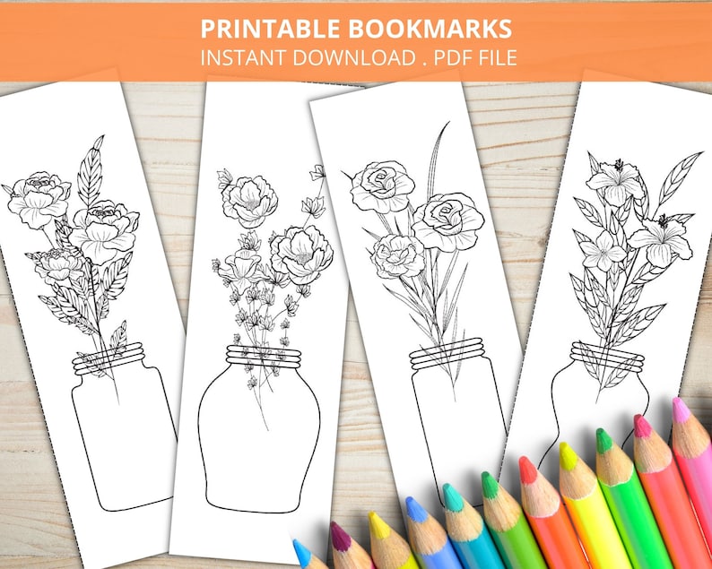 Flower Vase Coloring Bookmarks, Printable Bookmarks to Color, Floral ...