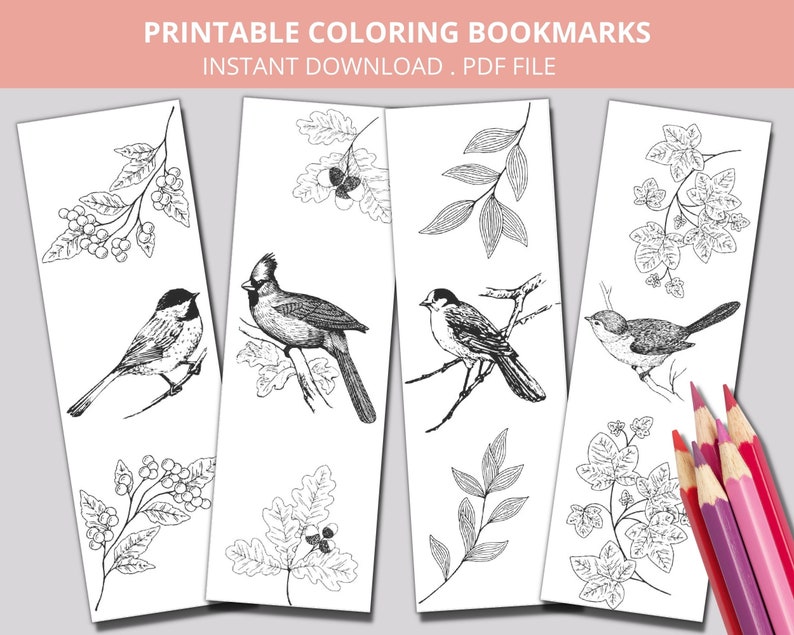 Cute Birds and Leaves Printable Coloring Bookmarks, Birds Colouring ...