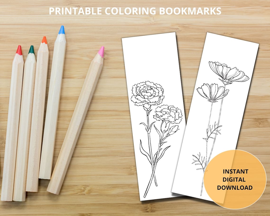 Printable Flower Coloring Bookmarks, Floral Bookmark Set of 4, Kids and ...