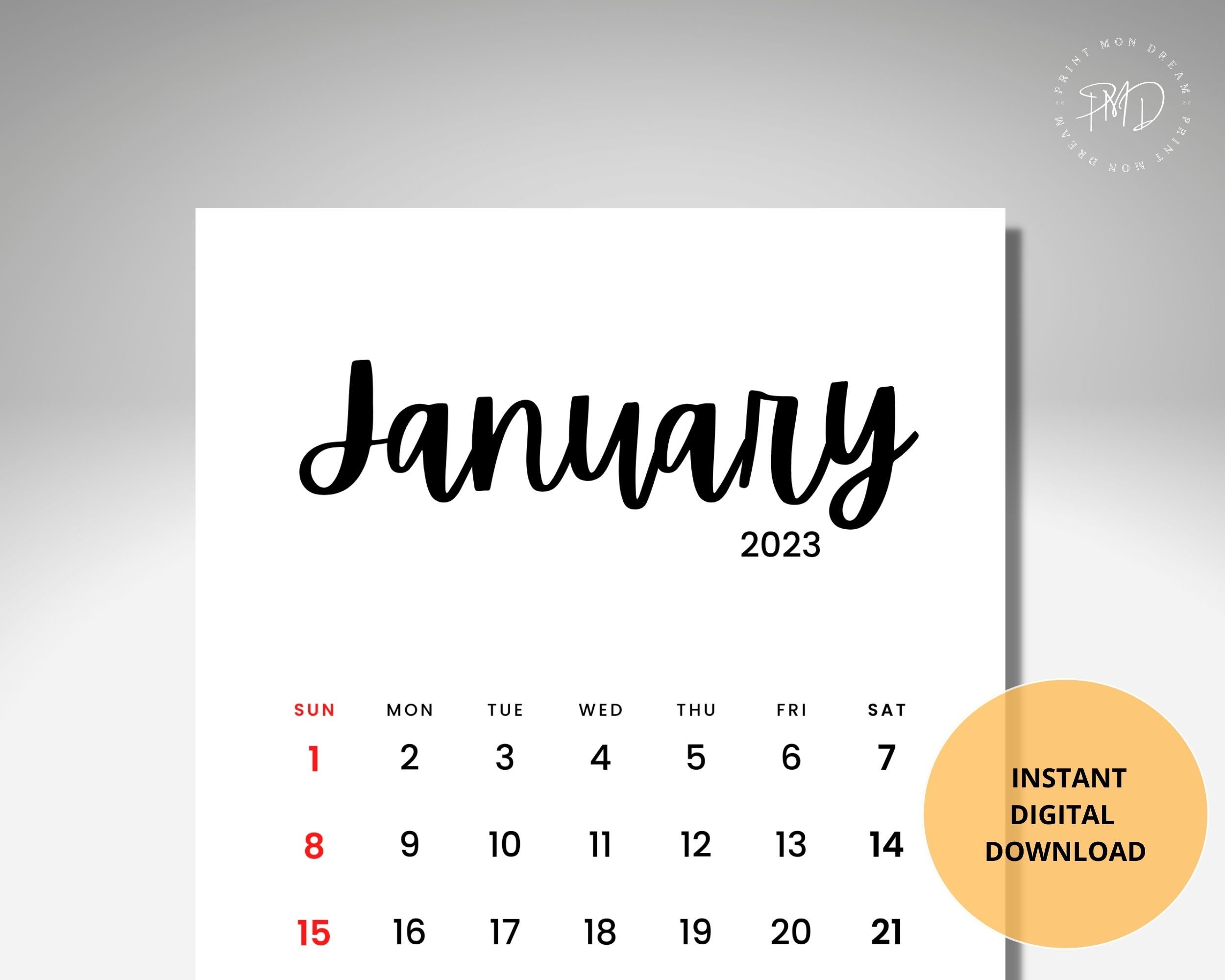 Printable Calendar 2023 Digital Calendar Monthly Wall - Etsy