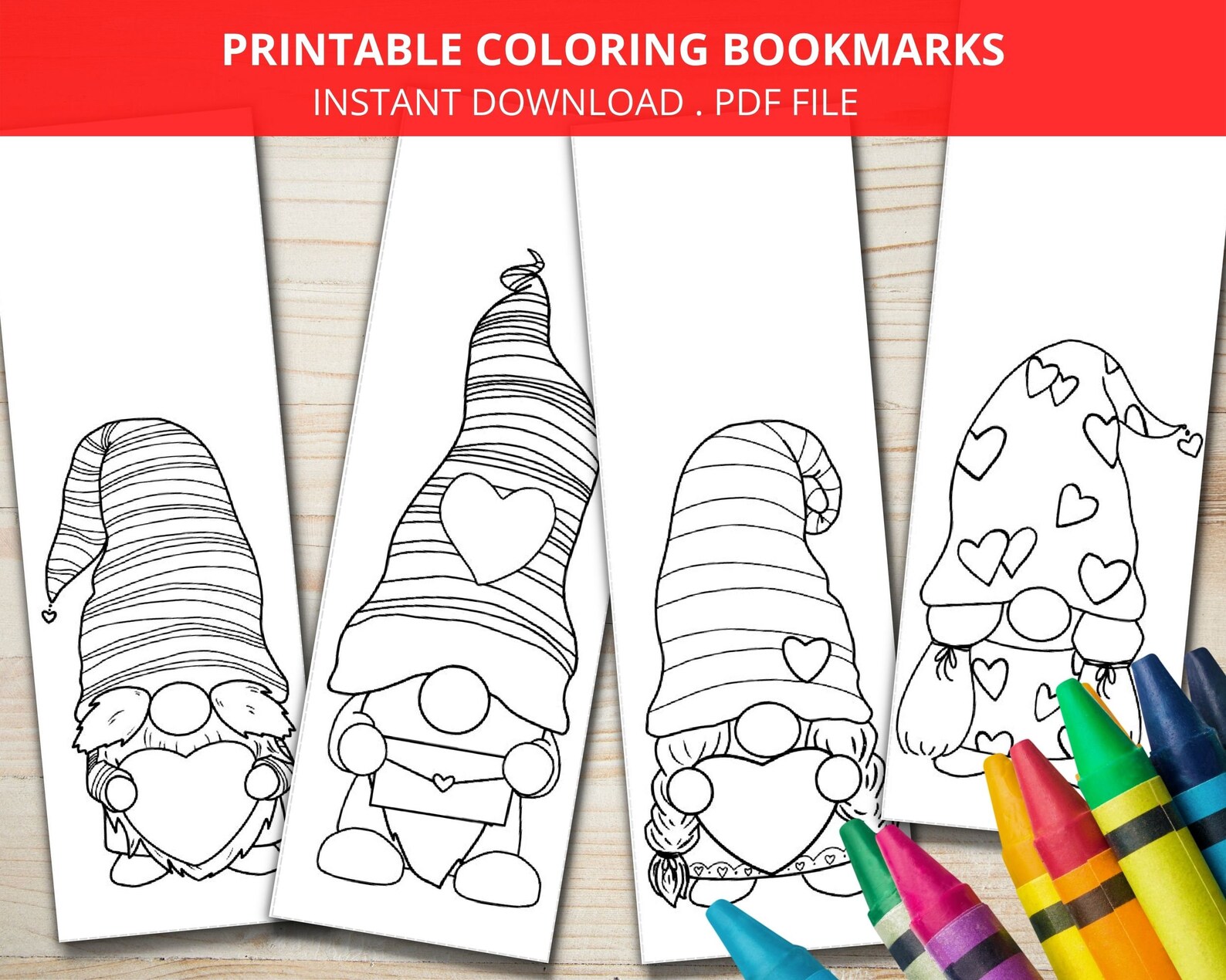 Valentine's Day Coloring Bookmarks, Printable Valentine Gnomes Coloring ...