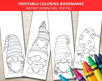 Printable Valentine Gnome Coloring Bookmarks, Valentine's Day Coloring ...