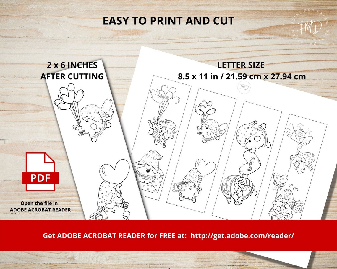 Printable Valentine Gnome Coloring Bookmarks, Valentine's Day Coloring ...