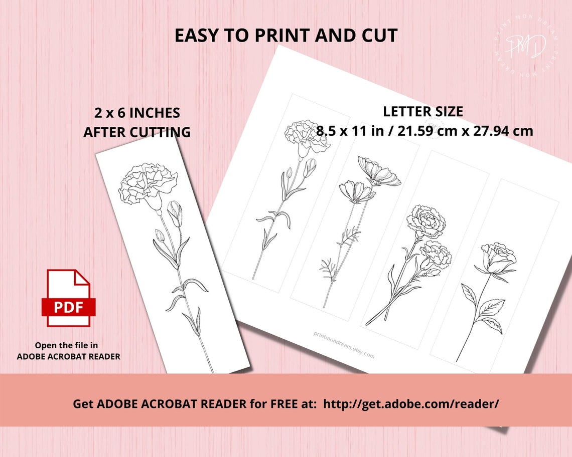 Printable Flower Coloring Bookmarks, Floral Bookmark Set of 4, Kids and ...