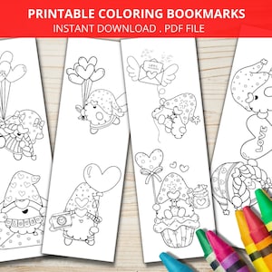 Printable Valentine Gnome Coloring Bookmarks, Valentine's Day Coloring ...