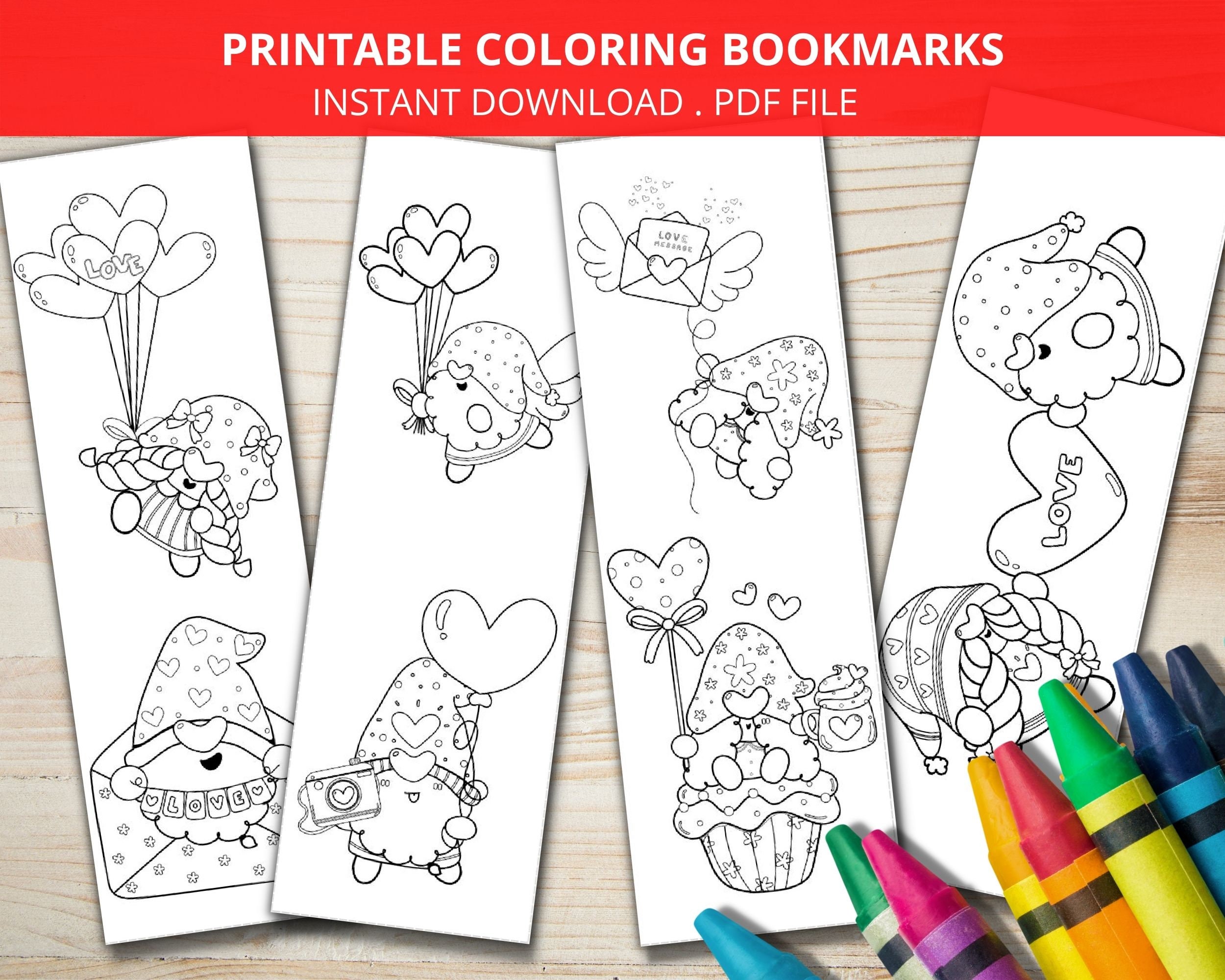 Printable Valentine Gnome Coloring Bookmarks, Valentine's Day Coloring ...