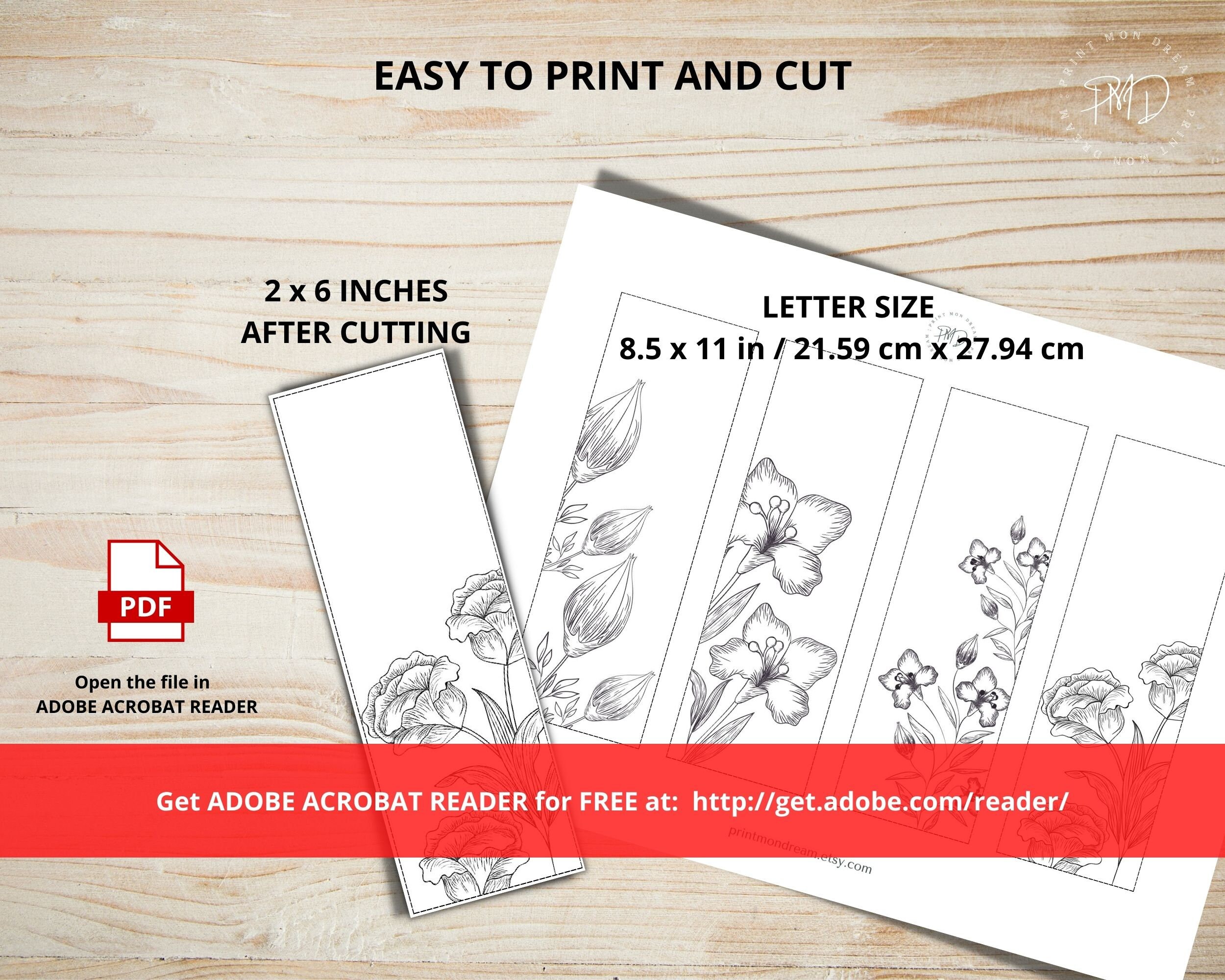 Flower Printable Coloring Bookmarks, Spring Summer Bookmarks, Floral ...