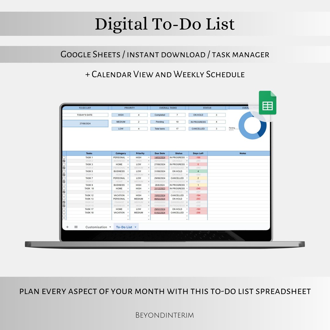 Digital Task Tracker Spreadsheet & Smart Calendar, to Do List Google ...