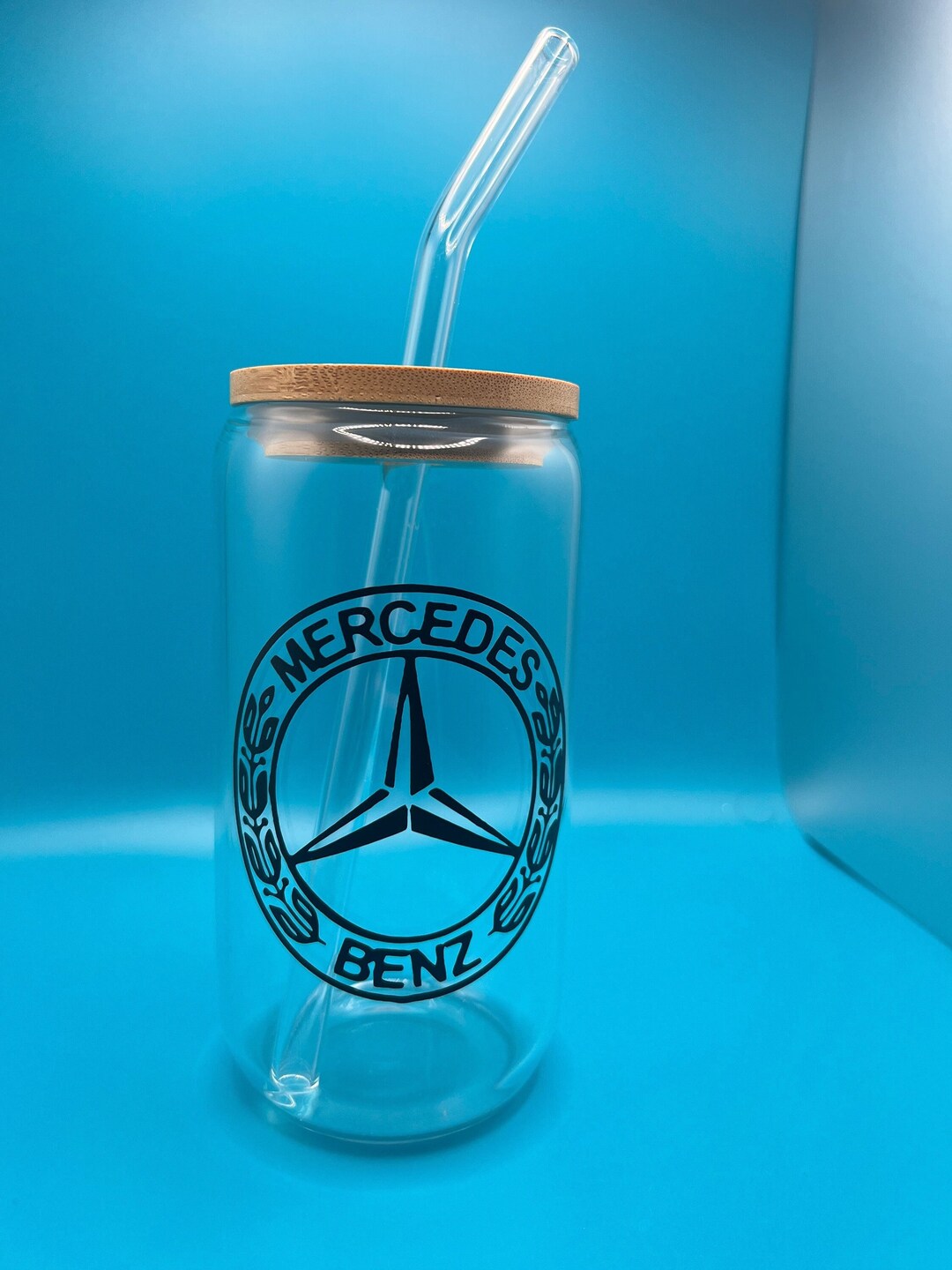 Mercedes Benz Retro Logo Glass Tumbler (w/ Bamboo Lid and Glass Straw ...