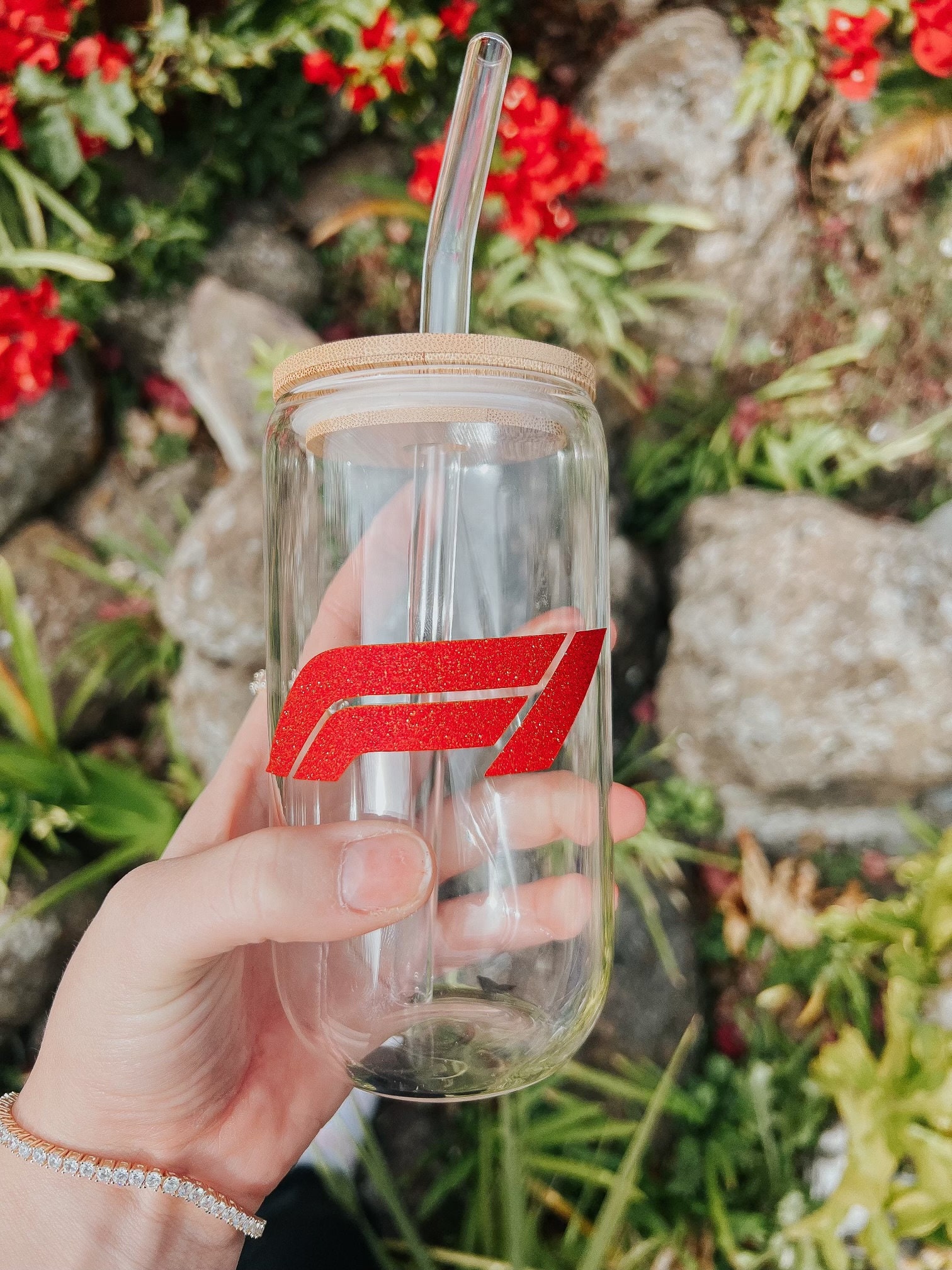 Formula 1 F1 Logo sparkle Red Tumbler W/ Bamboo Lid and Glass Straw ...
