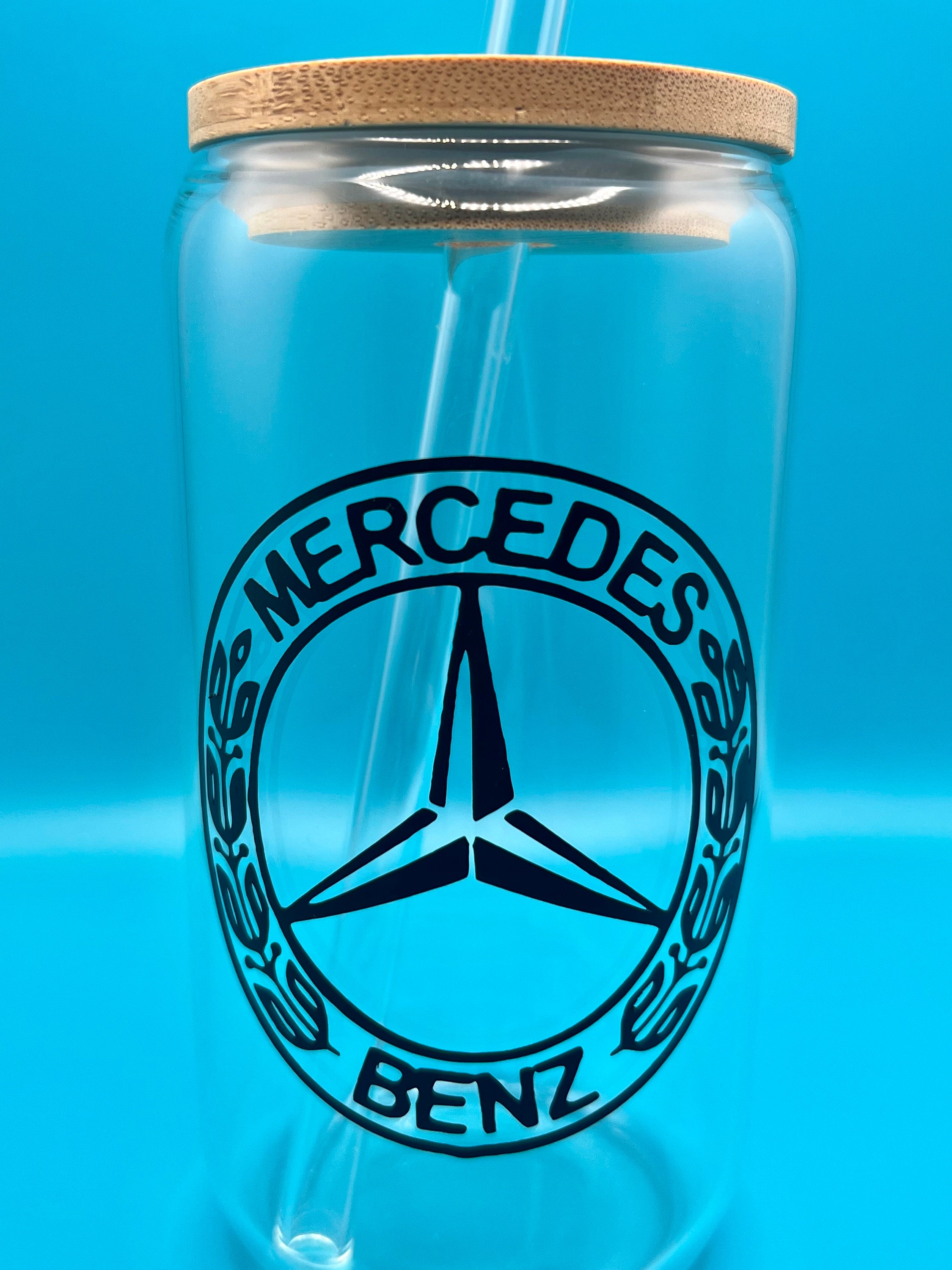 Mercedes Benz Retro Logo Glass Tumbler (w/ Bamboo Lid and Glass Straw ...