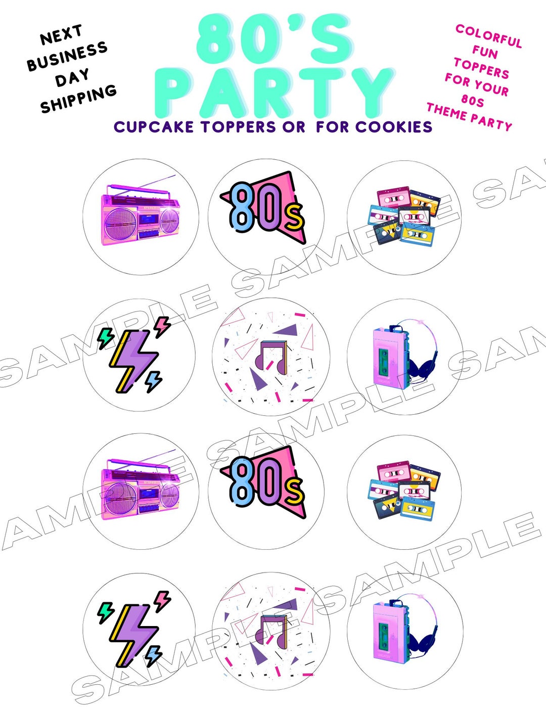 80s Party Theme Cupcake Toppers Cookie Toppers Edible Paper for Your ...