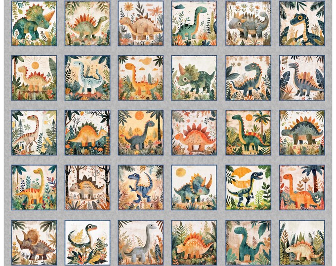 Dinosaur Fabric Panel Dinoroars! Picture Patches in Gray From Quilting ...