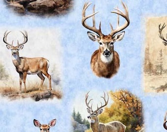 Wildlife Fabric Panel Buck Wild Deer in Blue From Quilting Treasures ...
