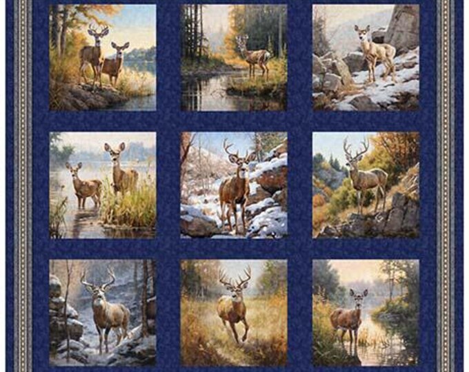 Wildlife Fabric Panel Buck Wild Deer in Blue From Quilting Treasures ...