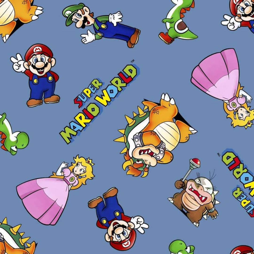 Nintendo Fabric Mario Retro Mario & Friends in Blue 1/2 Yard PRE-CUT ...