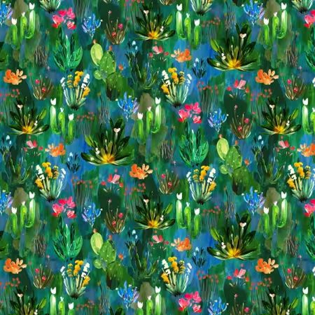 Cactus Fabric Painted Cactus Garden in Blue From Timeless Treasures 100 ...