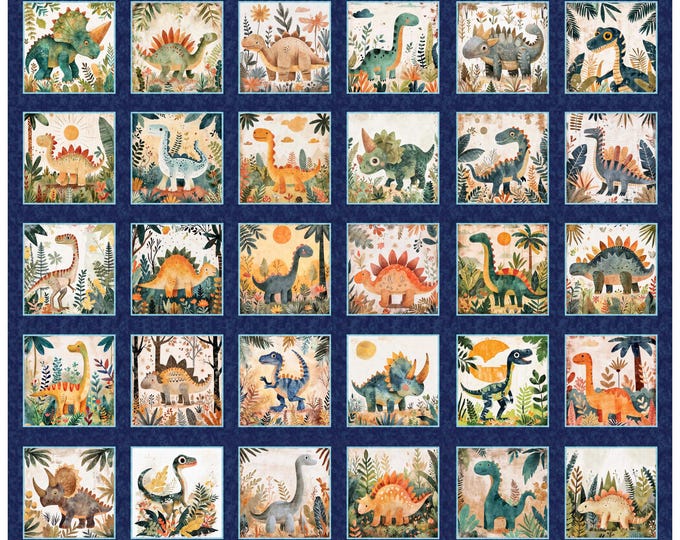Dinosaur Fabric Panel Dinoroars! Picture Patches in Blue From Quilting ...