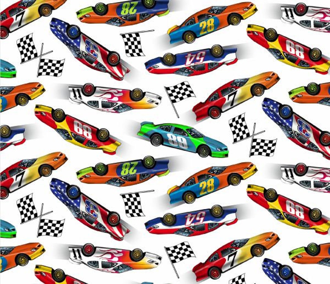 Race Cars Fabric in Motion in White From Elizabeth Studio 100% Cotton ...