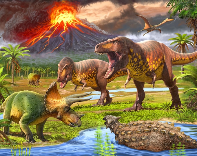 Dinosaur Fabric Panel Dinosaurs in Jungle From David Textiles 100% ...