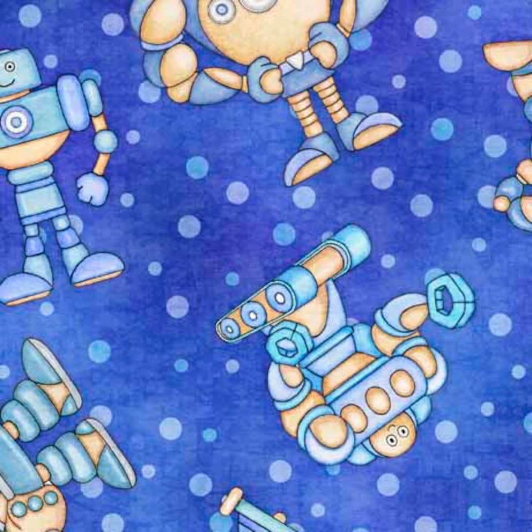 Robot Fabric Space Ace Tossed Robots in Blue From Quilting Treasures ...