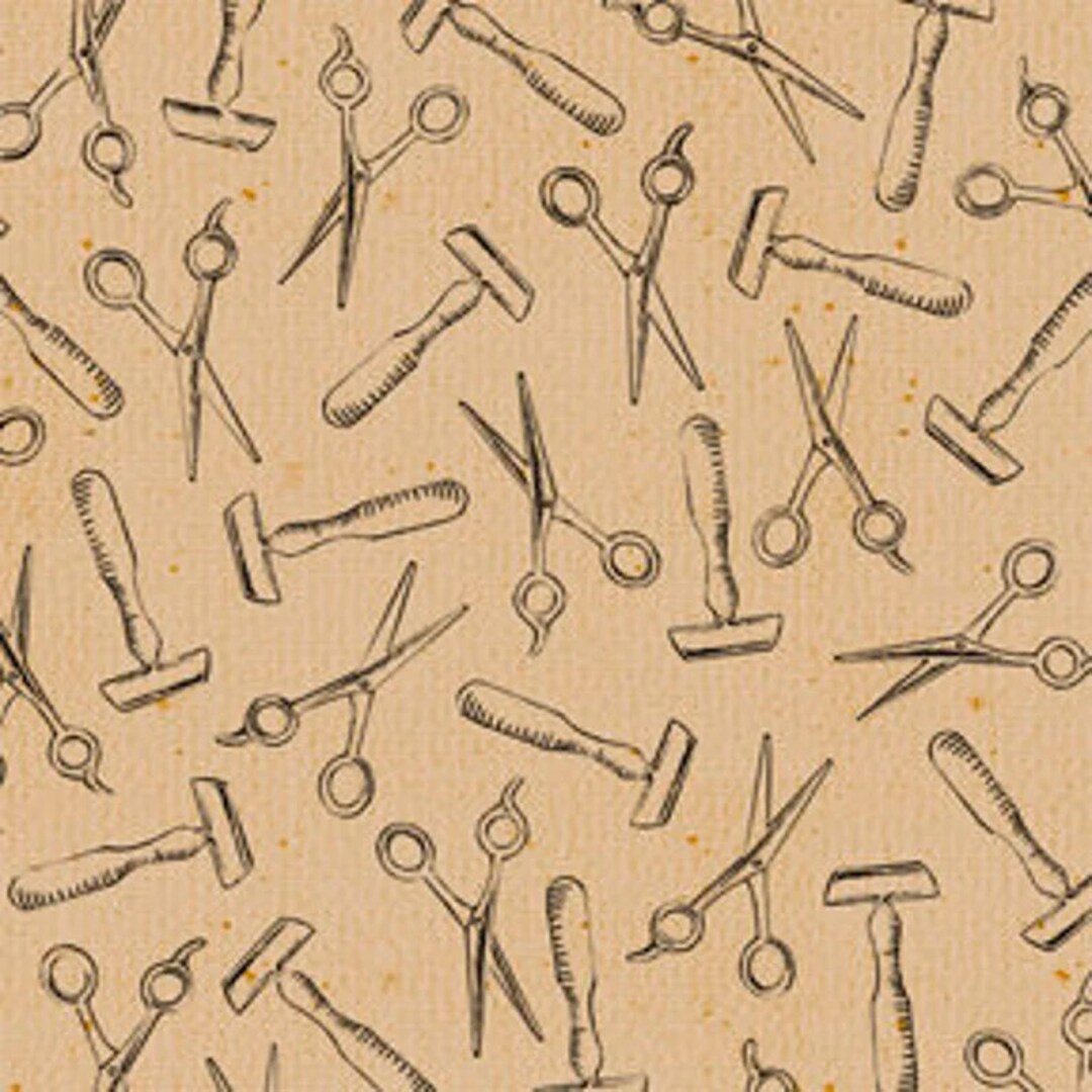 Barber Fabric A Close Shave Razors and Scissors in Tan 1/2 Yard PRE-CUT ...