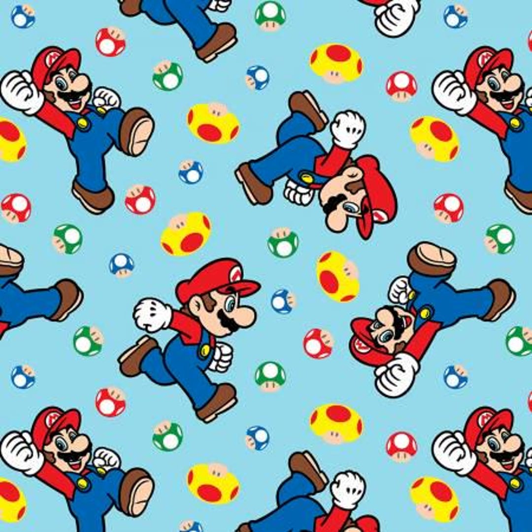 Mario Fabric Mario and Mushroom Toss in Blue From Springs Creative 100% ...