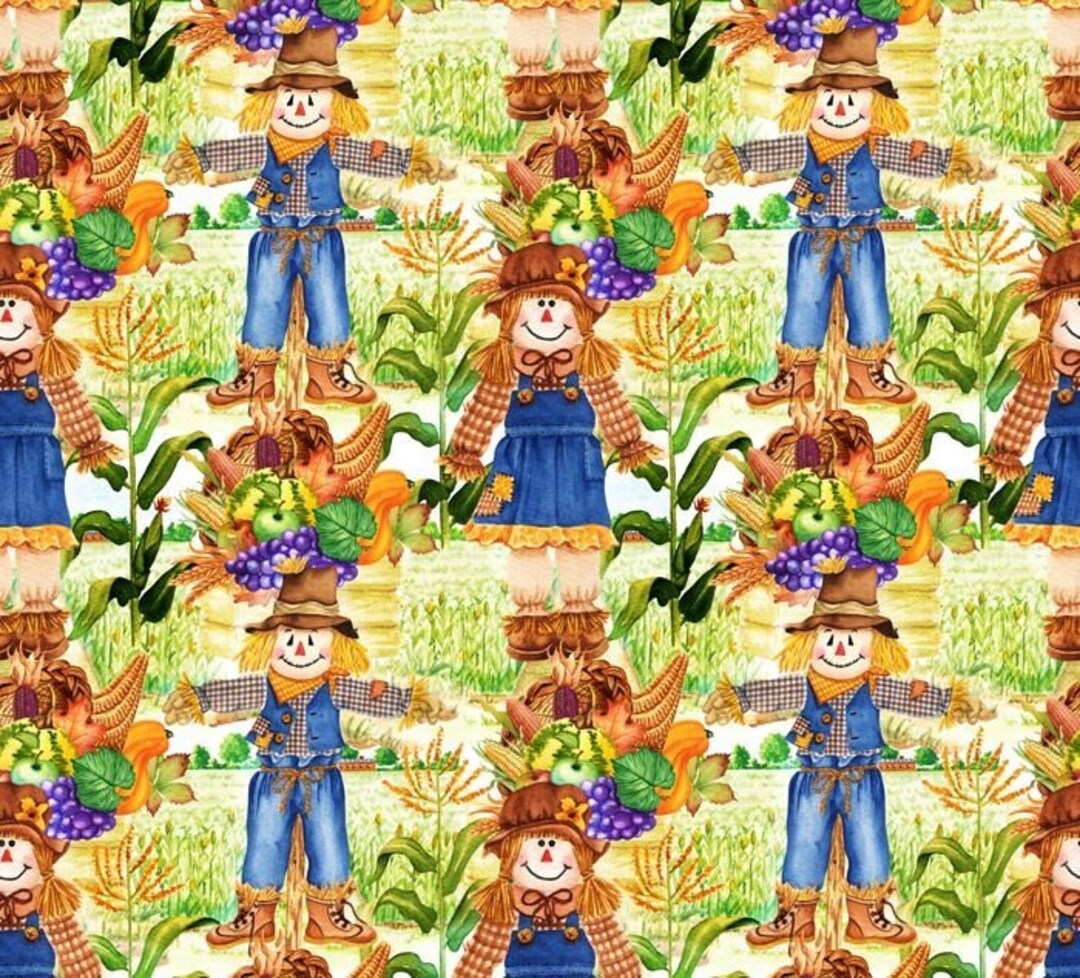 1 Yard Autumn Fabric Scarecrow Season in Green From David Textiles 100% ...