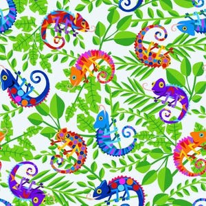 Animal Fabric Cheerful & Colorful Chameleons in White From Henry Glass ...