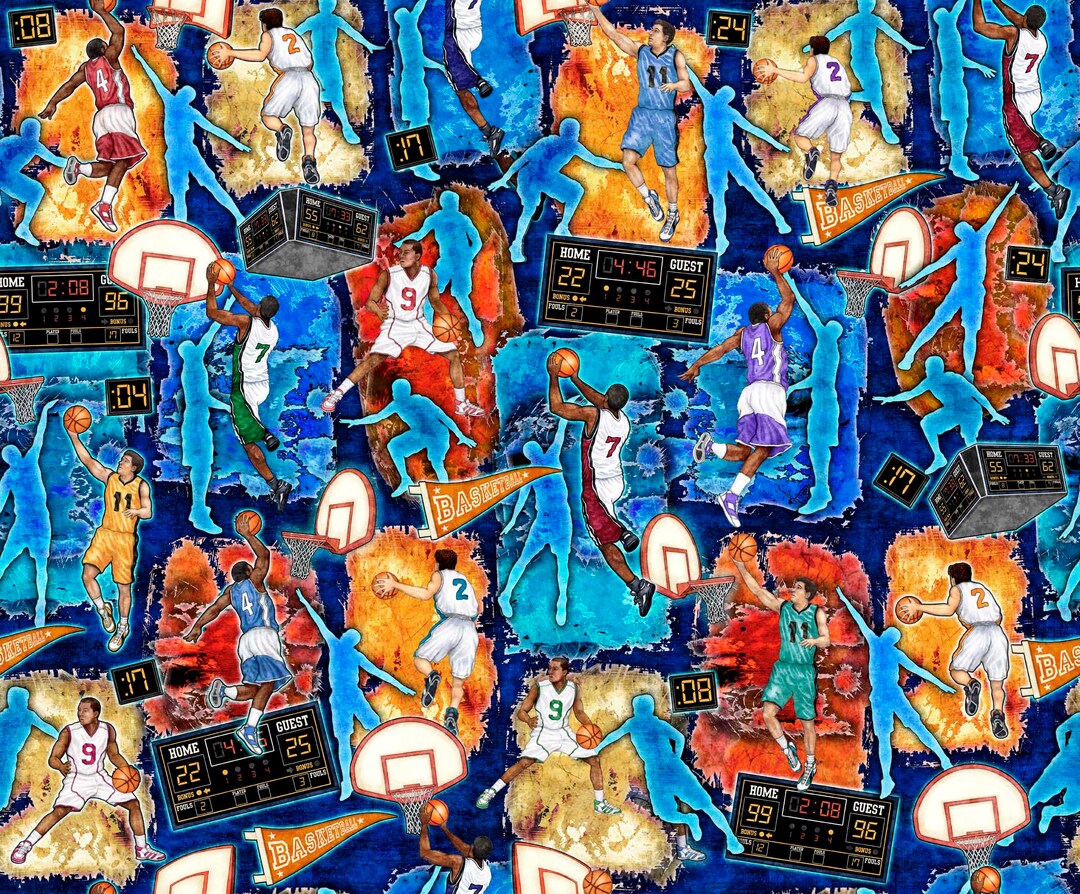 Fat Quarter (18"x21") Basketball Fabric Slam Dunk Basketball Scene in ...
