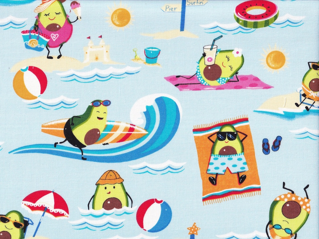 Food Fabric Avocados at the Beach in Blue From Fabric Traditions 100% ...