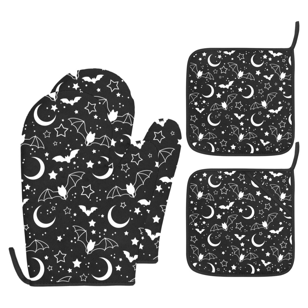 Witch Bat Moon Mitt and Pot Holder, Goth Kitchen Decor, Witchcraft Mitt ...