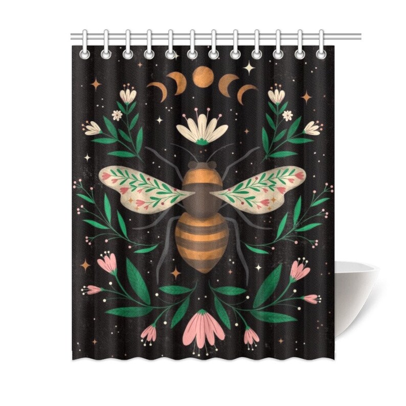 Cottagecore Dark Boho Floral Bee Shower Curtain, Mystical Moon Bathroom ...