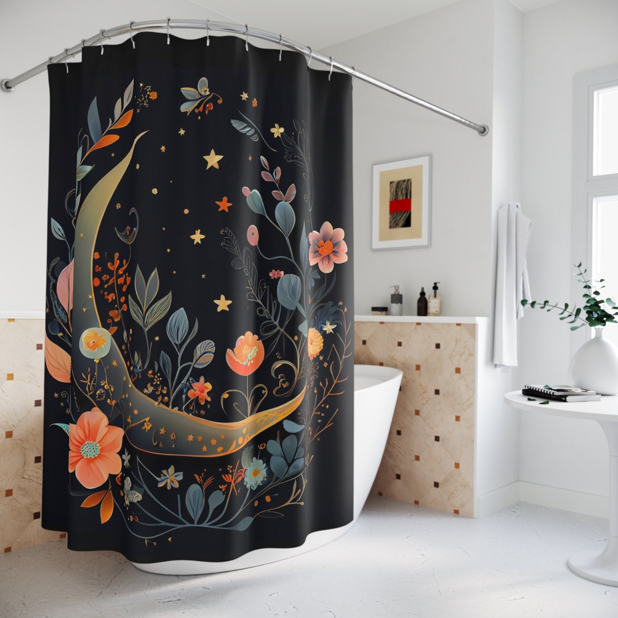 Cottagecore Dark Boho Floral Moon Shower Curtain Mystical - Etsy