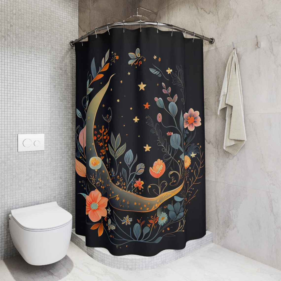 Cottagecore Dark Boho Floral Moon Shower Curtain Mystical - Etsy