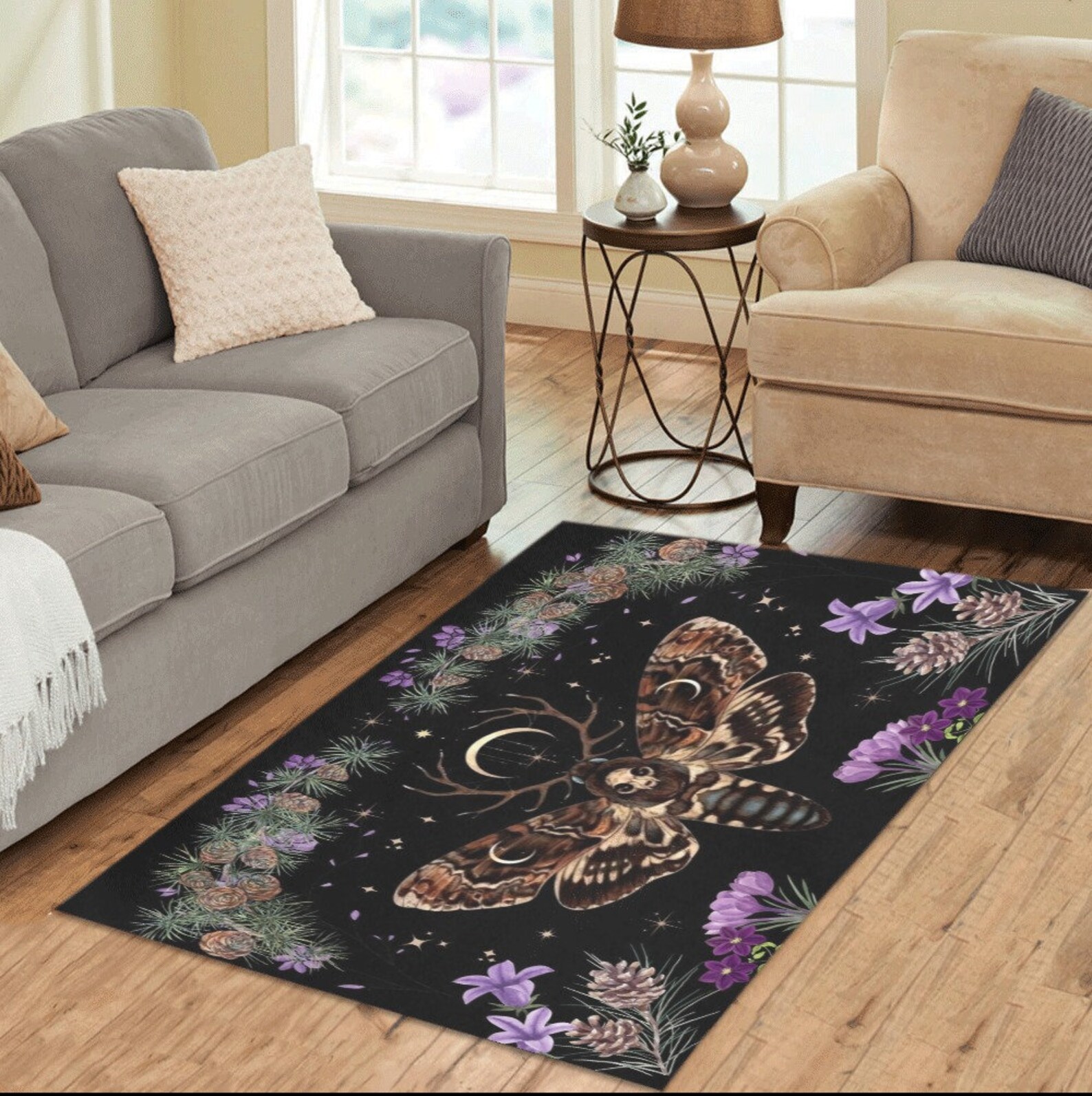 Dark Boho Moth Moon Rug, Cottagecore Home Décor, Goth Décor, Occult Rug ...