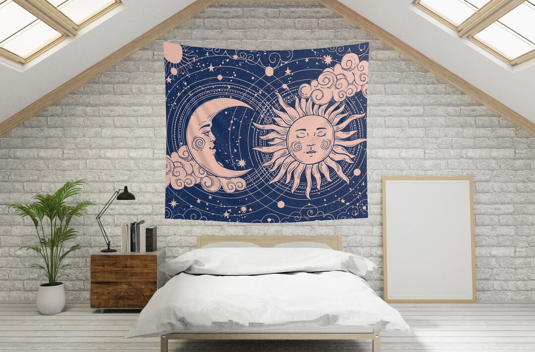 Celestial Blue Moon Sun Tapestry Sky Wall Hanging Clouds Boho Yoga ...